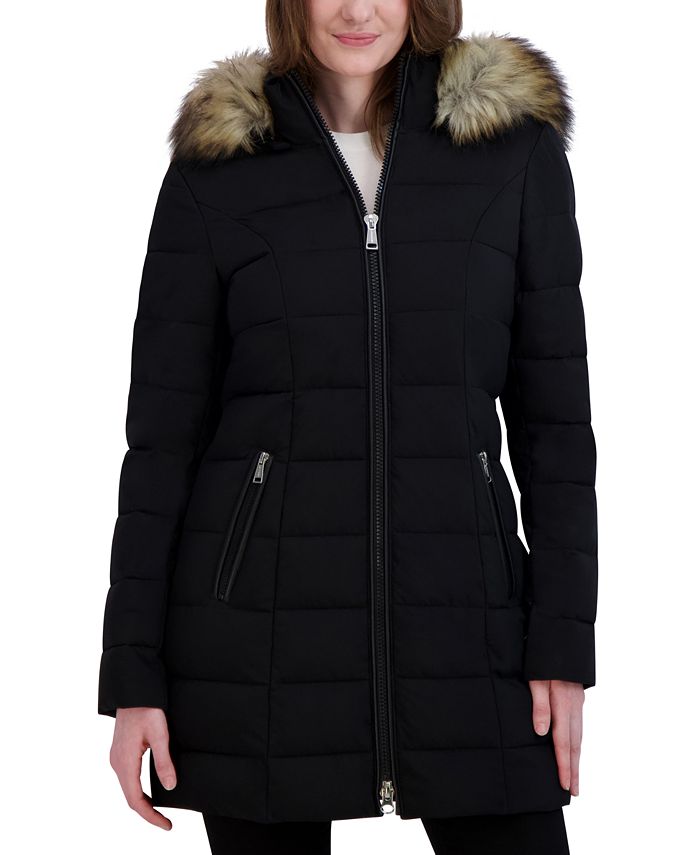 Laundry by Shelli Segal Women's Stretch Faux-Fur Trim Hooded Puffer ...
