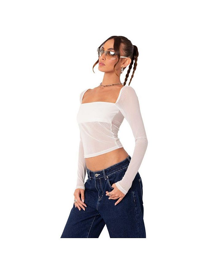 Edikted Women's Long Sleeve Square Neck Mesh Top - Macy's