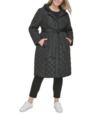DKNY Women's Plus Size Hooded Belted Quilted Coat - Macy's
