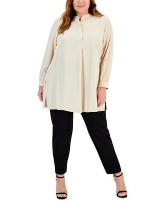 Anne Klein Plus Size Nehru Split-Neck Pleated-Cuff Tunic - Macy's