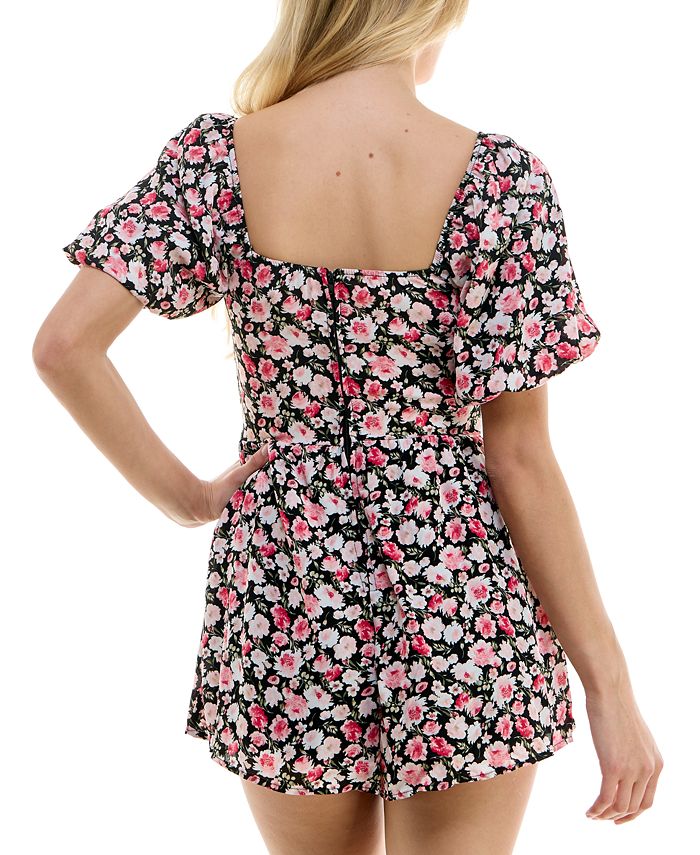 Trixxi Juniors' Square-Neck Puff-Sleeve Floral Romper - Macy's