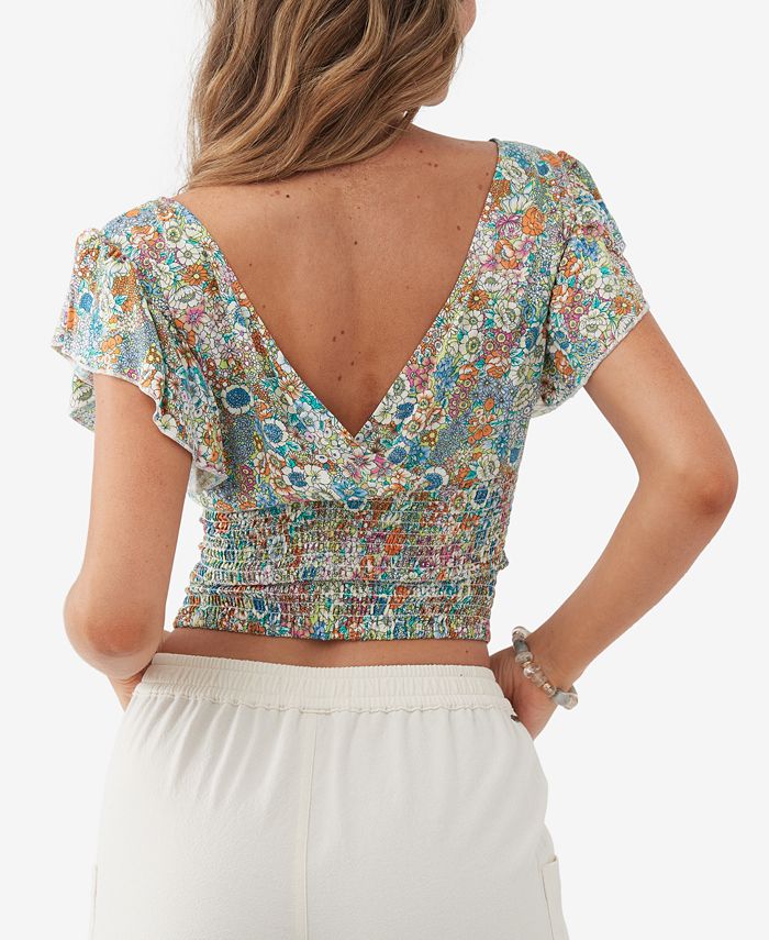 O'Neill Juniors' Bonnie Printed Flutter-Sleeve Smocked-Back Top - Macy's