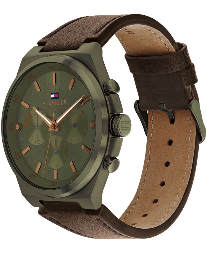 Tommy Hilfiger Men's Multifunction Brown Leather Watch 46mm - Macy's