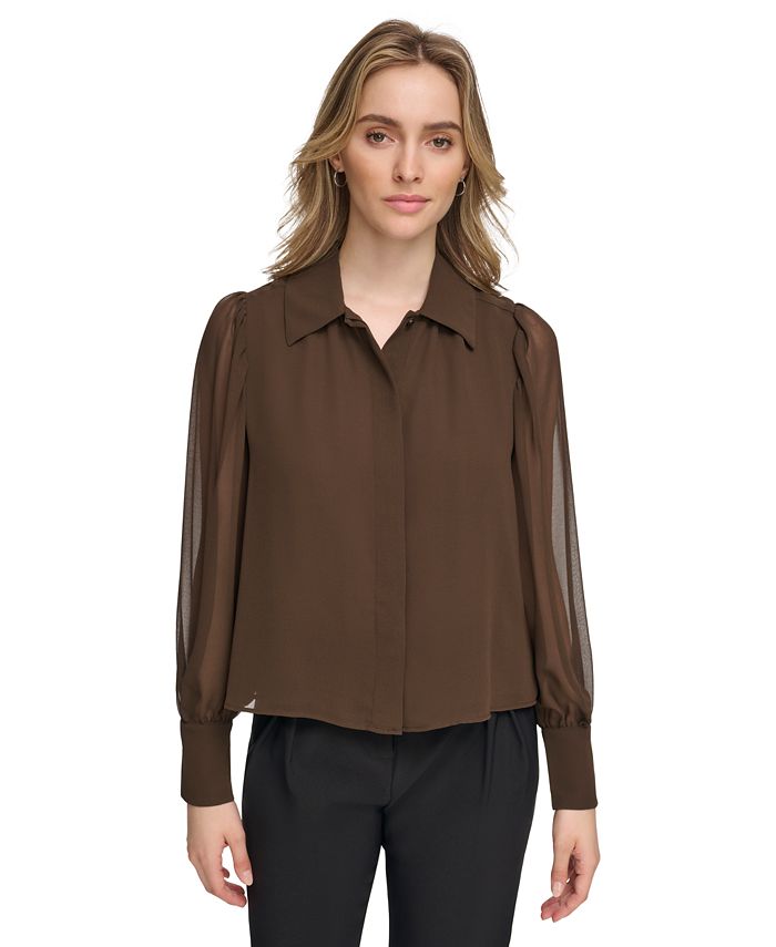 Calvin Klein Women's Sheer-Sleeve Collared Shirt - Macy's
