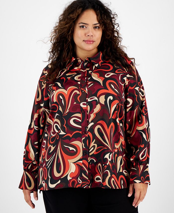 Bar III Plus Size Paisley Print Button-Front Blouse, Created for Macy's ...