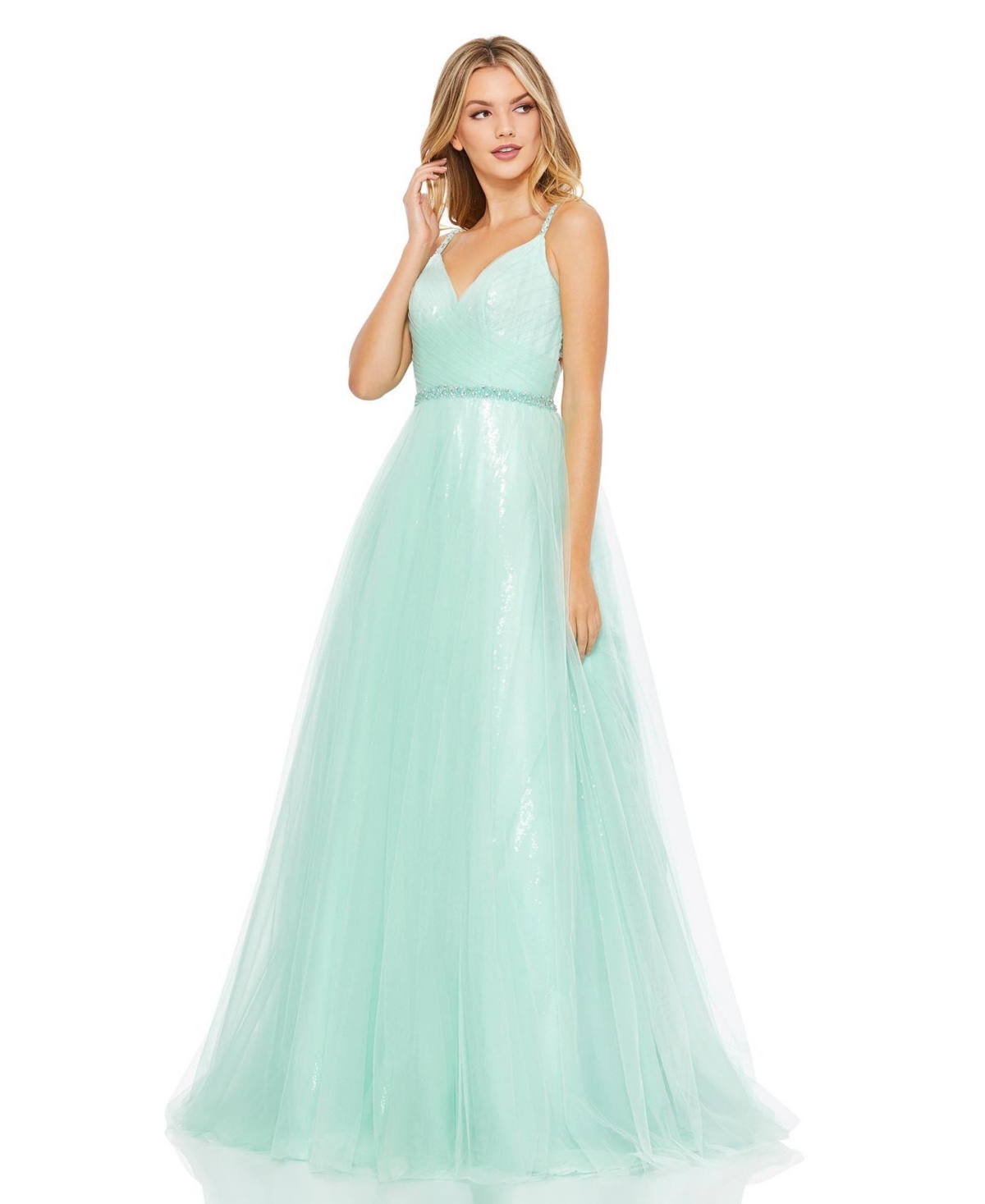 Click here for Womens V Neck Mesh Back Detail Ball Gown - Mint prices