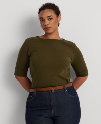 Lauren Ralph Lauren Plus Size Boat-Neck Elbow-Sleeve Tee - Macy's