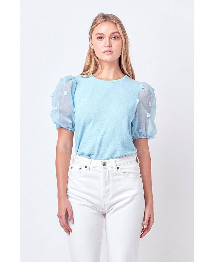 English Factory Women's Pom Pom Mixed Media Top - Macy's