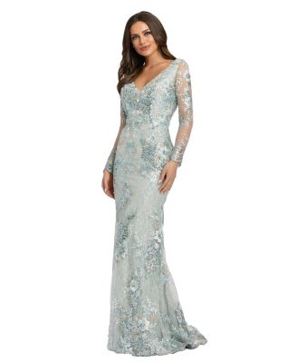 Mac Duggal Women's Embellished V Neck Illusion Long Sleeve Gown - Macy's