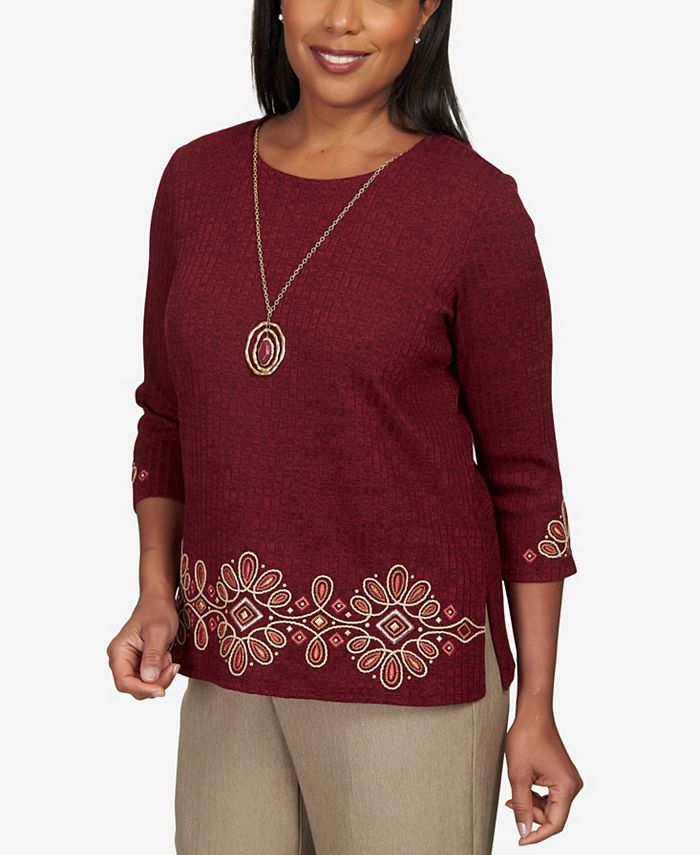 Alfred Dunner Petite Street Medallion Border Embroidery Necklace Top - Macy's