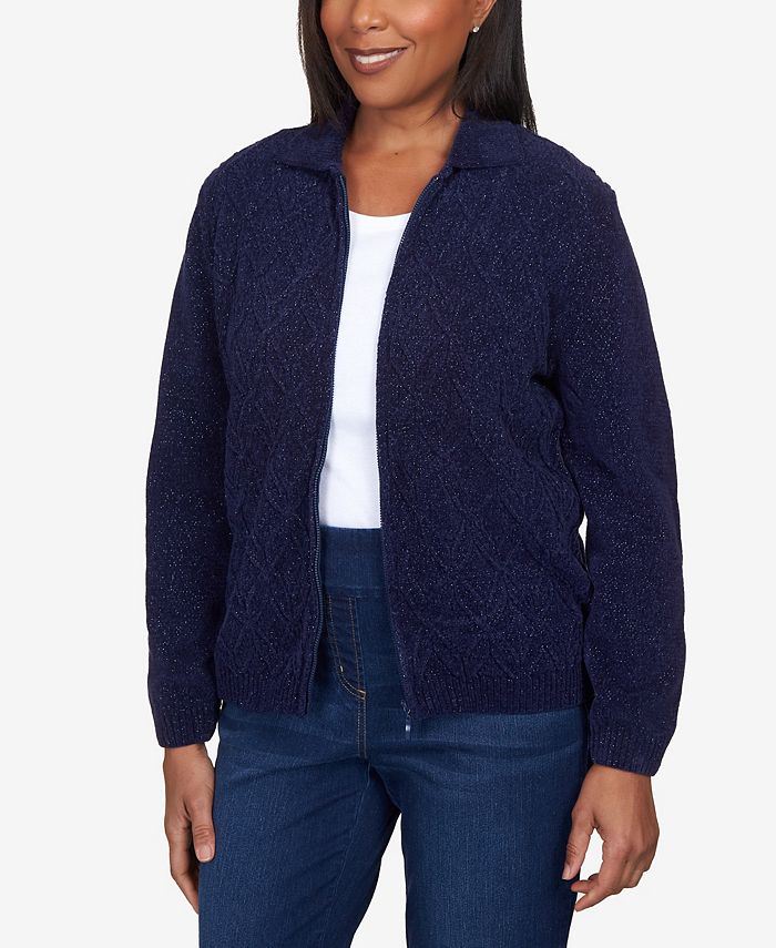 Alfred Dunner Petite Classics Chenille Zip Front Cardigan Sweater - Macy's