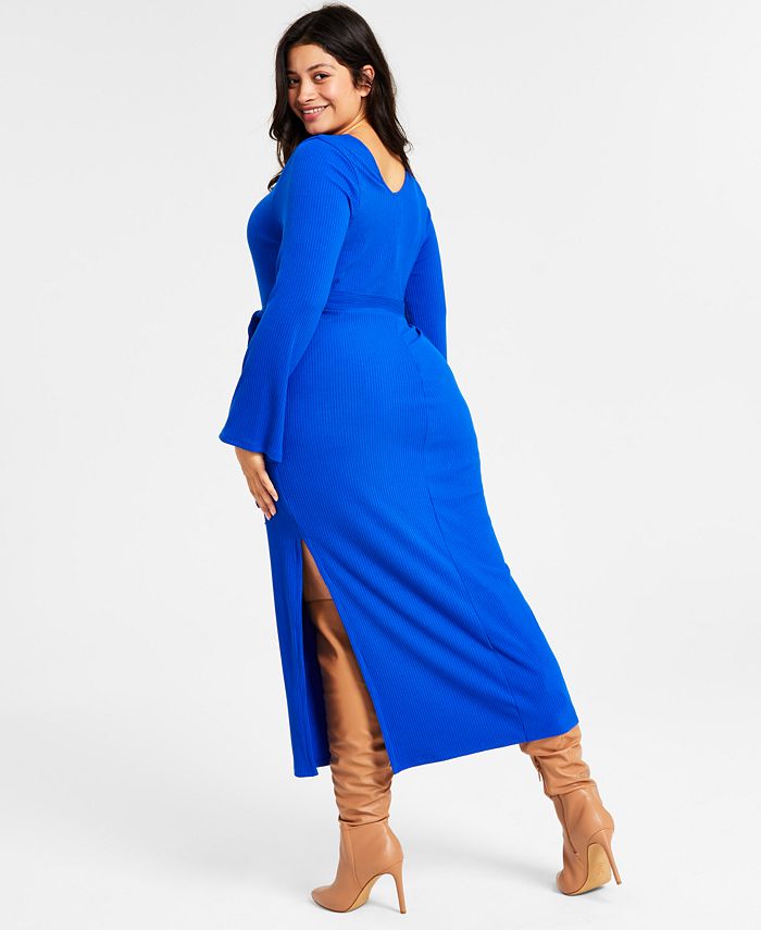 Bar III Plus Size Long-Sleeve Square-Neck Tie Rib Midi Dress, Created ...