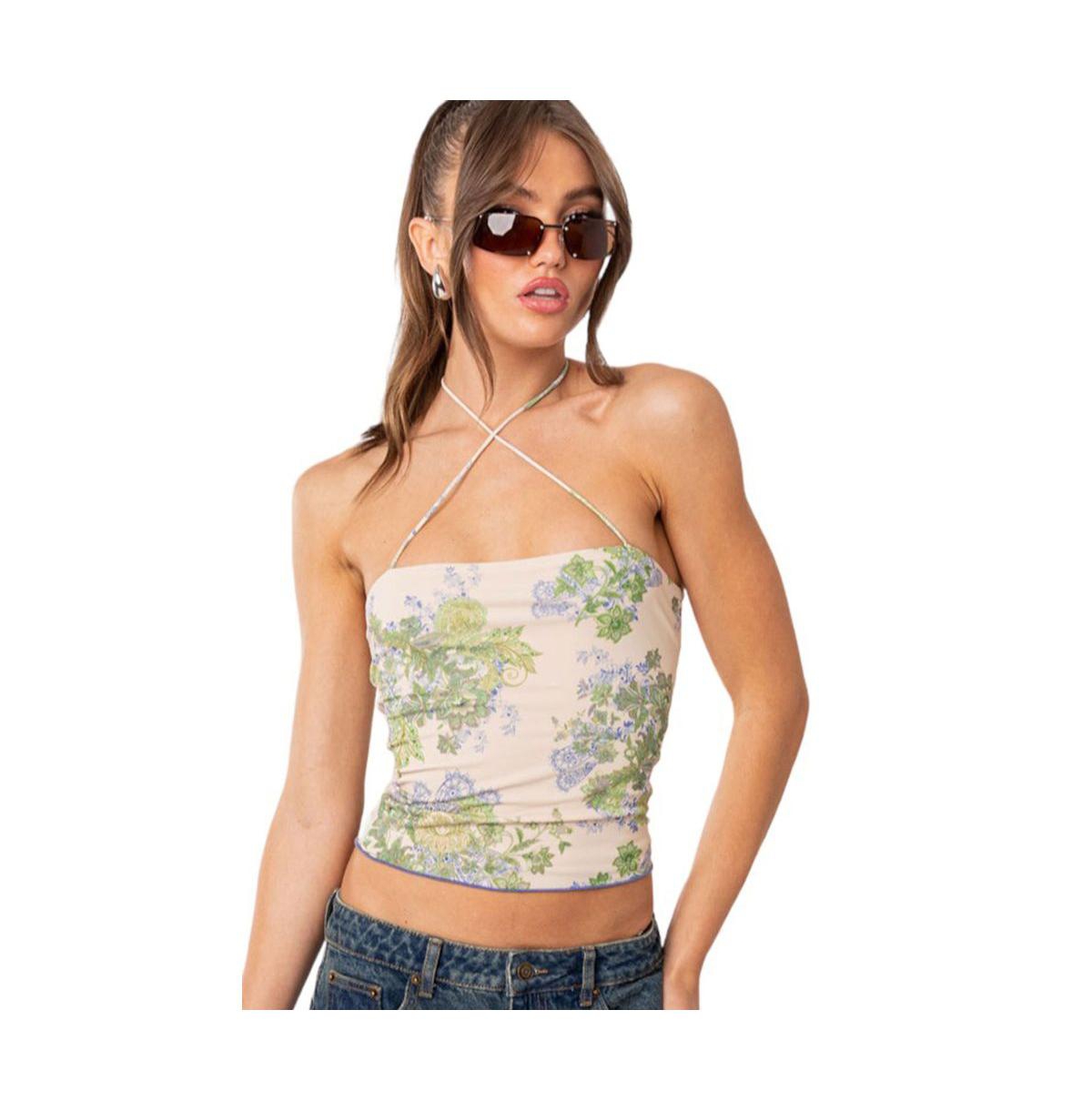 Click here for Womens Garden Party Printed Mesh Top - Green-and-c... prices