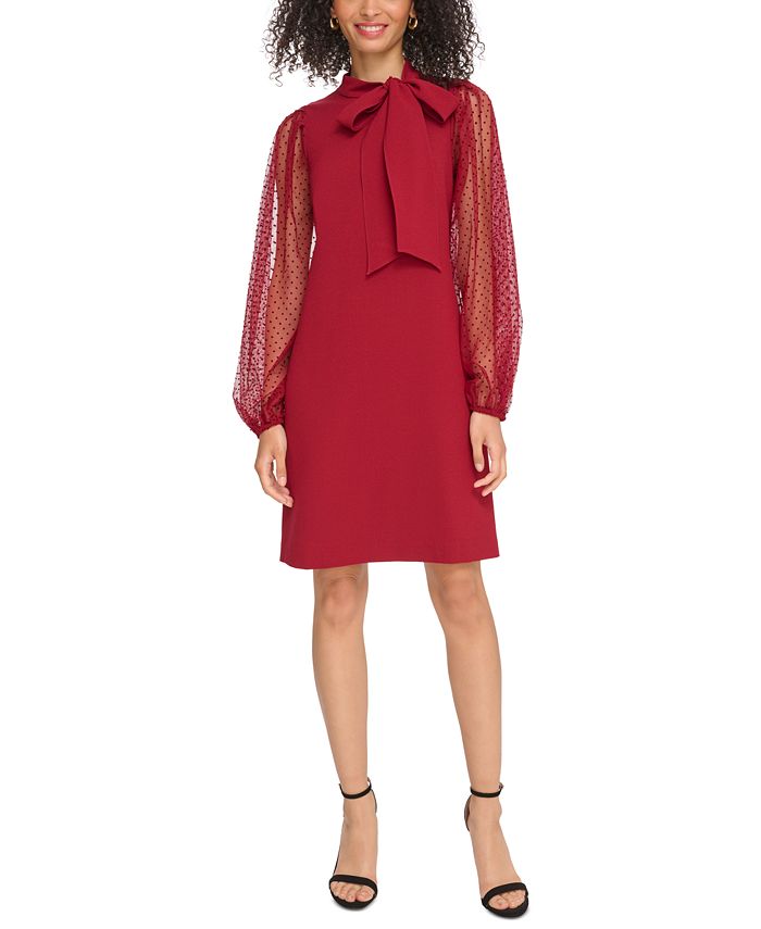 Vince Camuto Petite Tie-Neck Flocked Mesh-Sleeve Dress - Macy's
