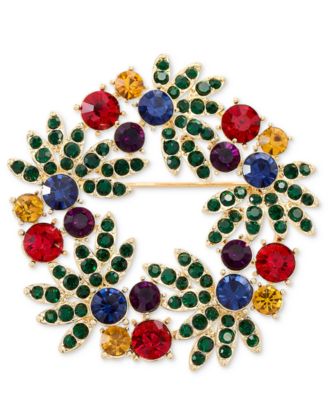 Holiday Lane Gold-Tone Multicolor Crystal Wreath Pin, Created for Macy ...