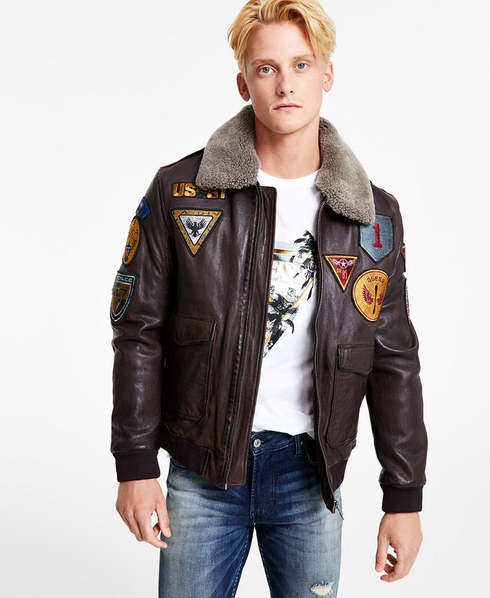 GUESS Men's Leather Patched Aviator Jacket - Macy's