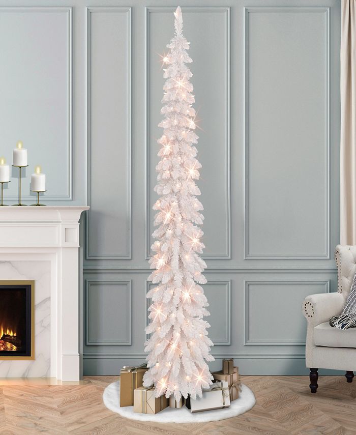 Puleo 7' Pre-Lit Flocked Artificial Alpine Pencil Tree - Macy's