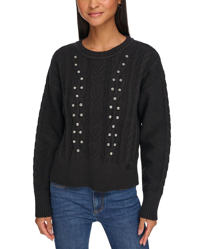 KARL LAGERFELD PARIS Women's Rhinestone Cable-Knit Sweater - Macy's