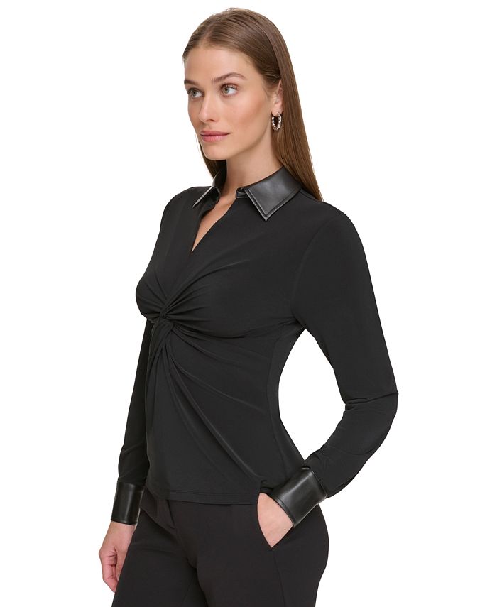 DKNY Women's Twisted Faux-Leather-Collar Top - Macy's