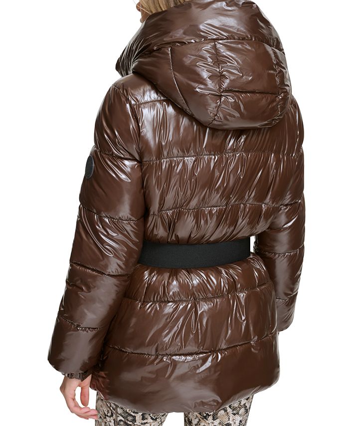 DKNY Women's Hooded Belted Super Wet Puffer Coat - Macy's