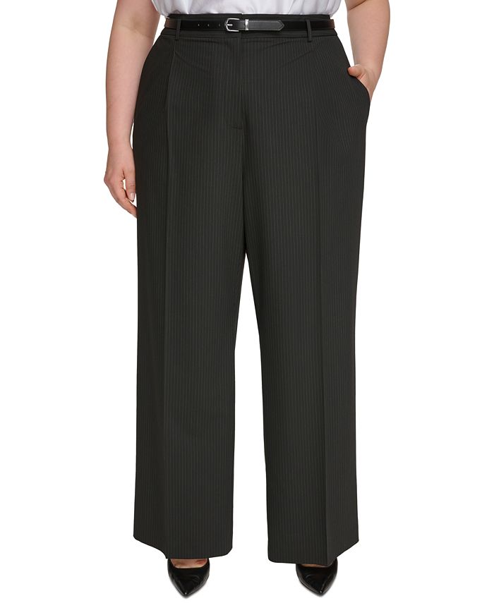 Calvin Klein Plus Size Pinstripe Belted Wide Leg Pants Macys