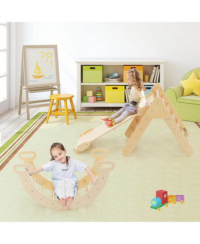 Costway 3-in-1 Kids Climber Set Toddler Wooden Play Arch with Sliding ...