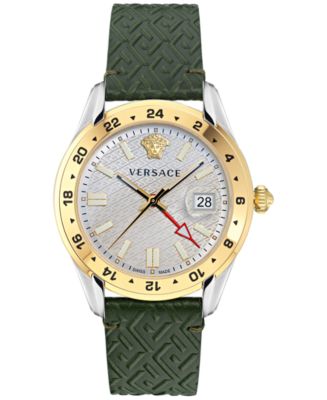 Versace Men's Swiss Greca Time GMT Green Leather Strap Watch 41mm - Macy's