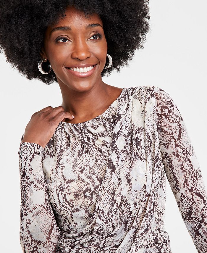 I.N.C. International Concepts Women's Printed Mesh-Sleeve Draped Top ...