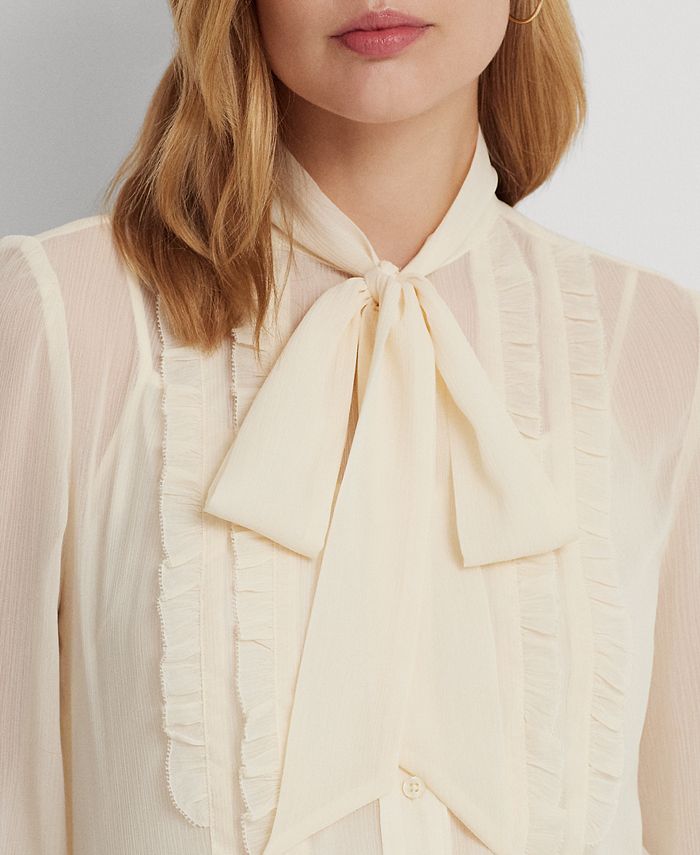 Lauren Ralph Lauren Women's Ruffle-Trim Georgette Tie-Neck Shirt - Macy's