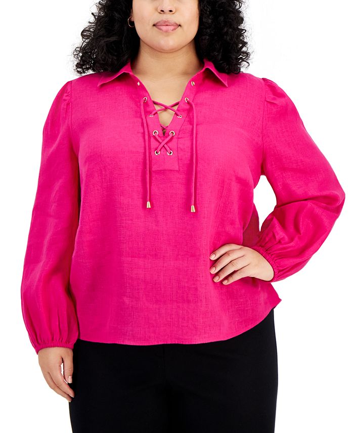 I.N.C. International Concepts Plus Size Lace-Up Puff-Sleeve Blouse ...
