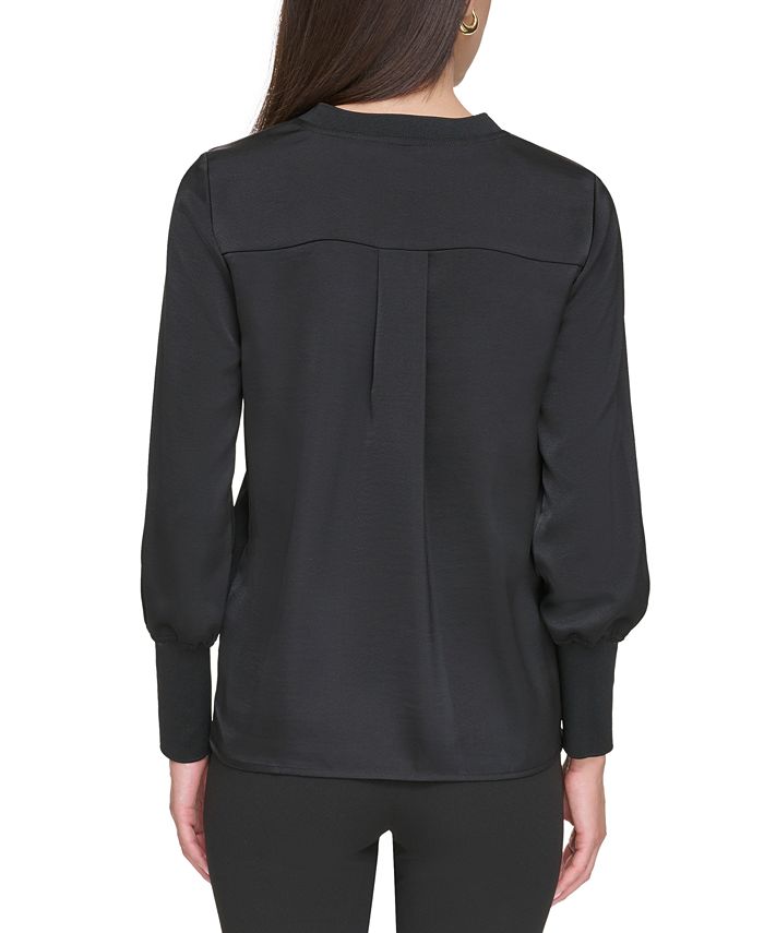 DKNY Petite Ribbed-Trim Matte Satin Long-Sleeve Blouse, Created for Macy's - Macy's