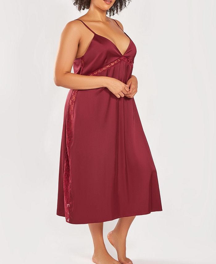 iCollection Plus Size Silky Open Back Nightgown with Lace Trims - Macy's