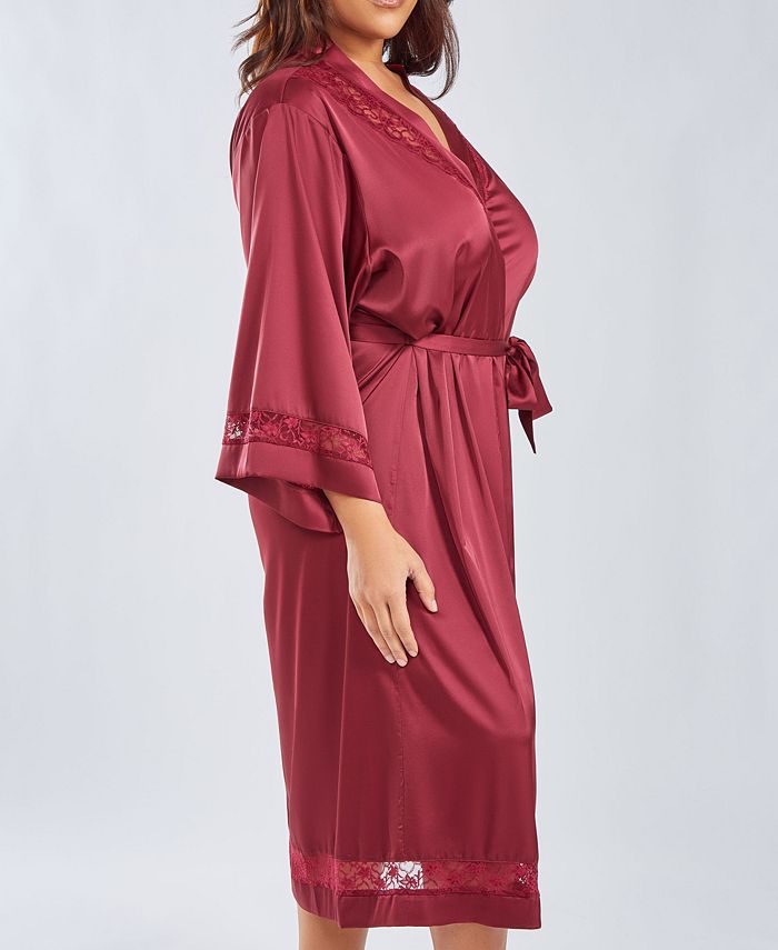 iCollection Plus Size Silky Long Robe with Lace Trims - Macy's