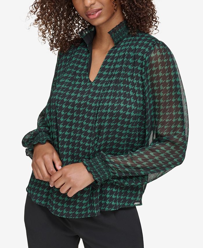 KARL LAGERFELD PARIS Women's Smocked-Trim Houndstooth Blouse - Macy's