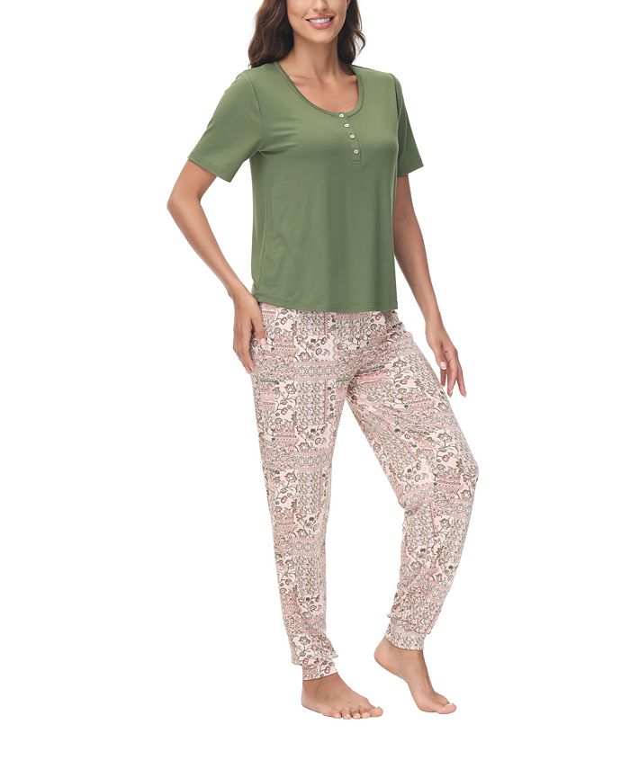 INK+IVY Women's 2 Piece Short Sleeve Henley Top with Jogger Pajama Set - Macy's