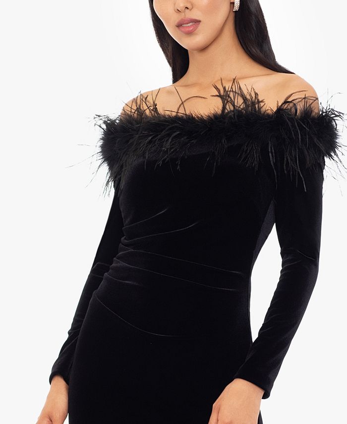 XSCAPE Women's Off-The-Shoulder Feather-Trim Velvet Gown - Macy's