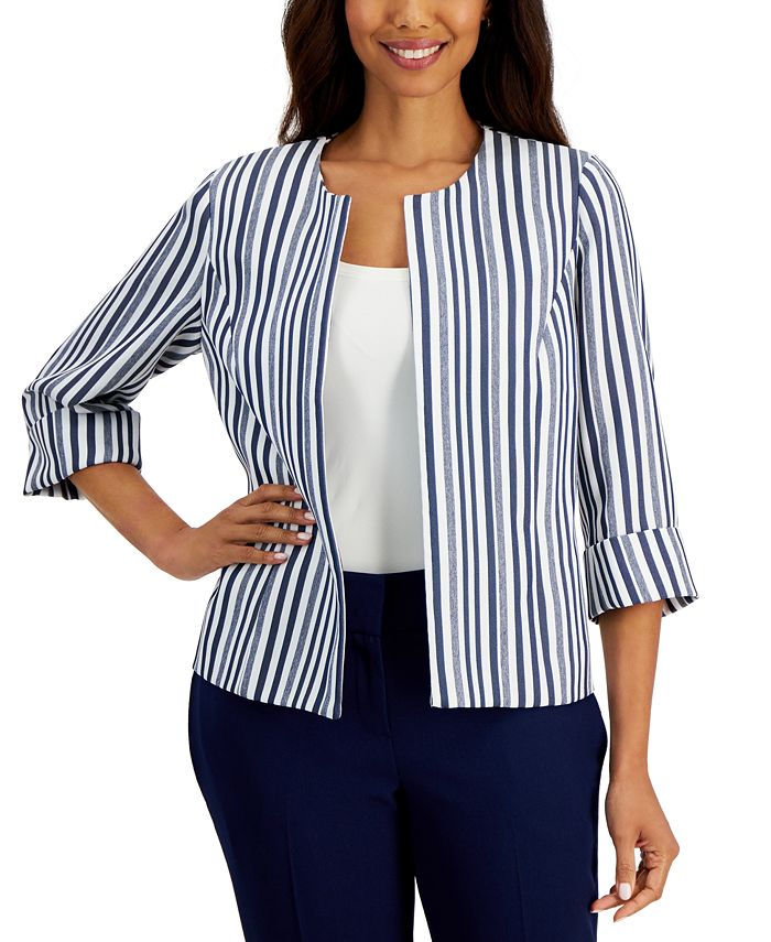 Kasper Women's Striped Cuffed-Sleeve Open-Front Jacket - Macy's