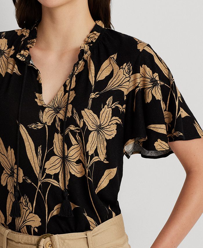 Lauren Ralph Lauren Womens Floral Linen Blend Jersey Tie Neck Top Macys