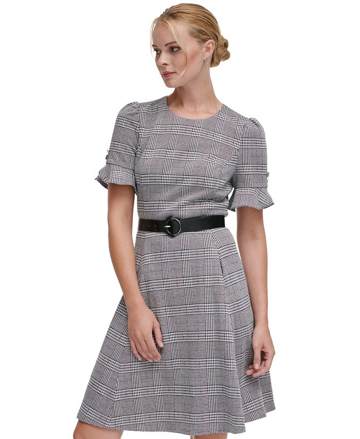 DKNY Women's Plaid Ruffled-Sleeve Fit & Flare Dress - Macy's