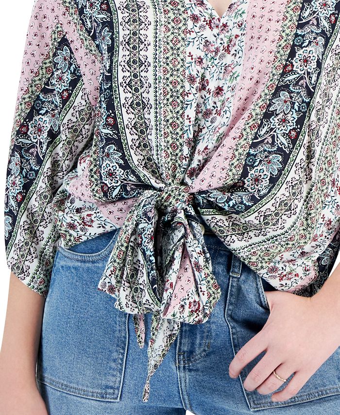 Just Polly Juniors' Printed Tie-Front Top - Macy's
