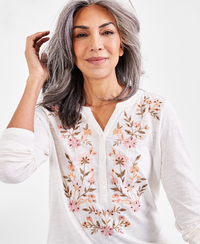 Style & Co Women's Embroidered Henley Knit Top, Regular and Petite ...