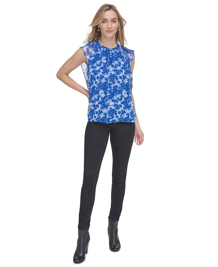 Calvin Klein Women's Printed Ruffle-Neck Sleeveless Shell Top - Macy's