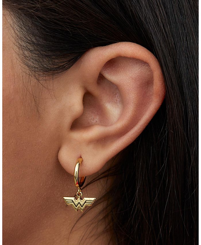 DC Comics Wonder Woman Logo Gold Plated Charm Hoop Dangle Earrings - Macy's