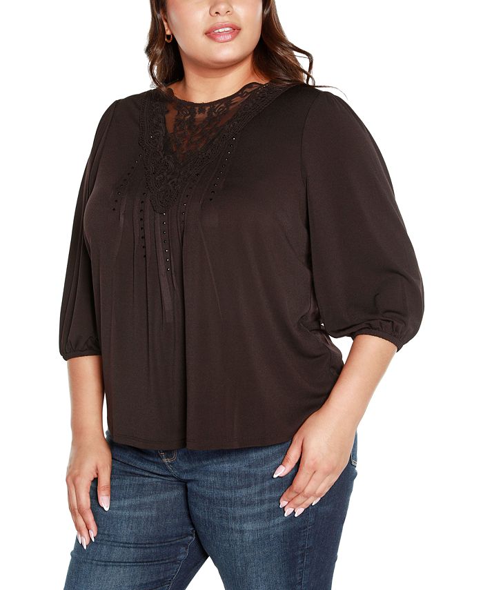Belldini Black Label Plus Size Embellished Top with Lace - Macy's