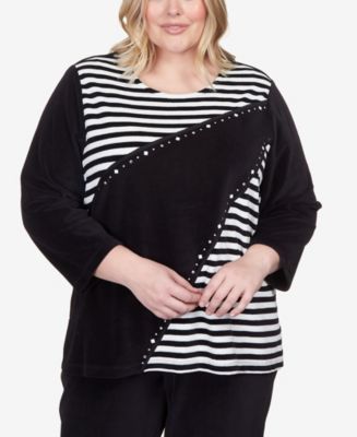 Alfred Dunner Plus Size Drama Queen Velour Spliced Stripe 3/4 Sleeve Top - Macy's