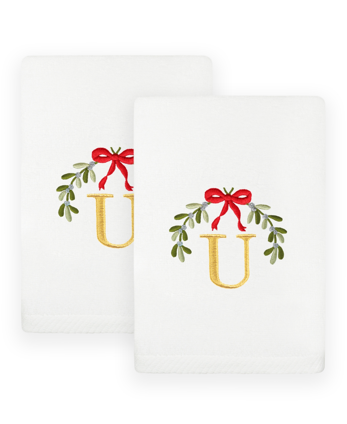 Linum Home Christmas Mistletoe Monogram White Embroidered Luxury Turkish Cotton Hand Towels  2 Piece Set - U