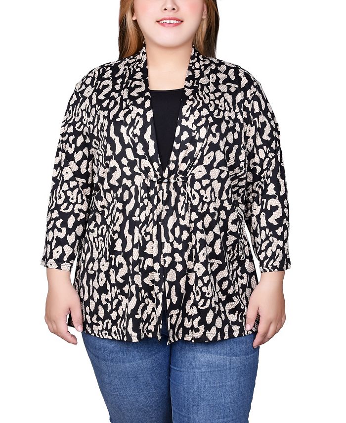 NY Collection Plus Size Puff Print 3/4 Sleeve 2-Fer Top - Macy's