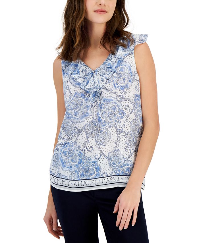Tommy Hilfiger Womens Ruffled Sleeveless Printed Top Macys