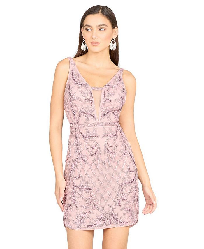 Lara Women's Illusion V-Neck Beaded Mini Dress with Low Back - Macy's