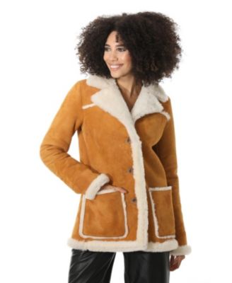 Furniq UK Women's Shearling Patch Pocket Coat, Tan with White Wool - Macy's